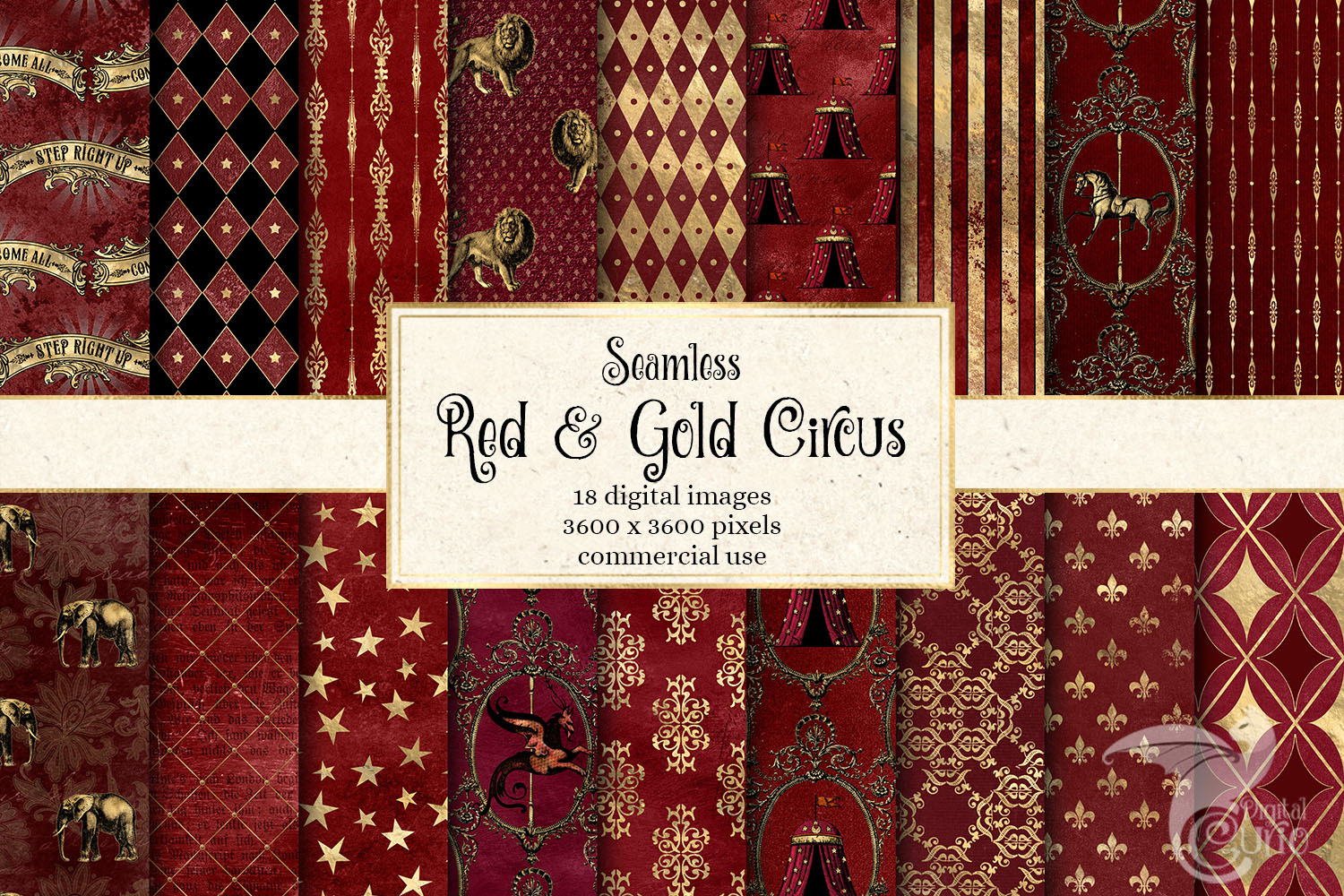 Red and Gold Circus Digital Paper, a Pattern Graphic by Digital Curio