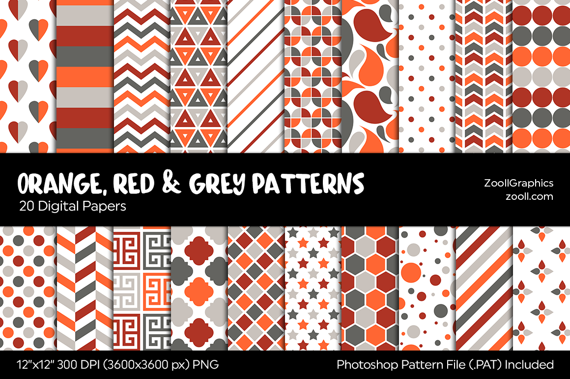 Orange, Red & Grey Digital Papers, a Pattern Graphic by ZoollGraphics