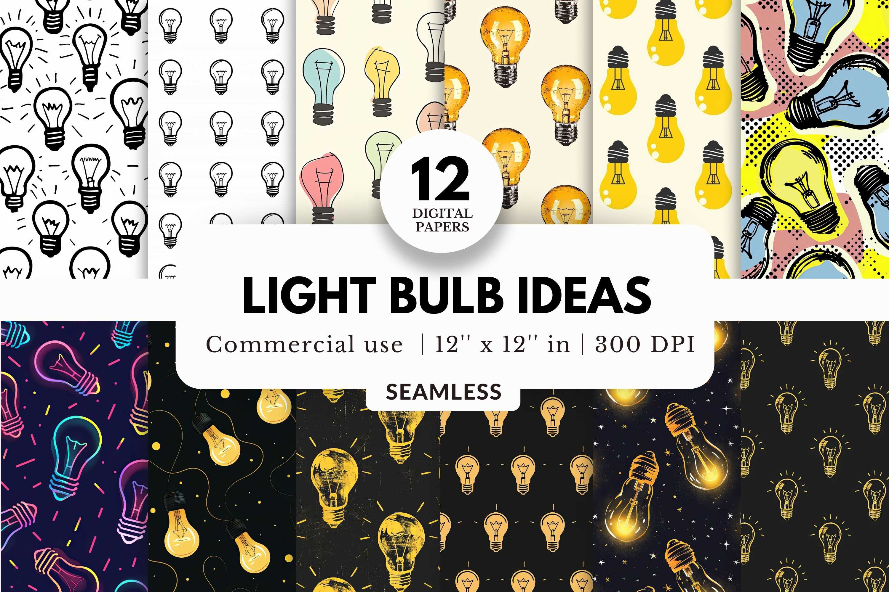 12 Light Bulb Ideas Digital Papers, a Pattern Graphic by NorthWindPixels