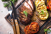 Barbecue dish beef steak and grilled vegetables top view containing ...