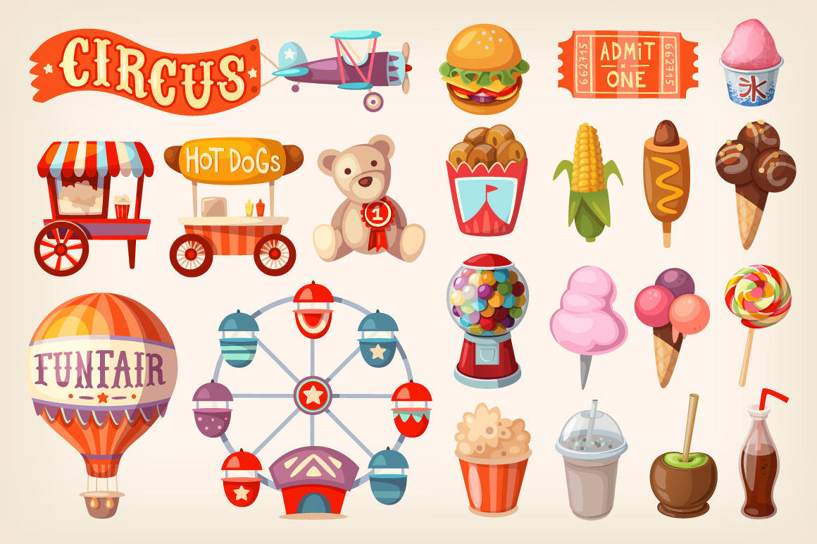 Set of fun fair food and elements, an Illustration by Moonery's