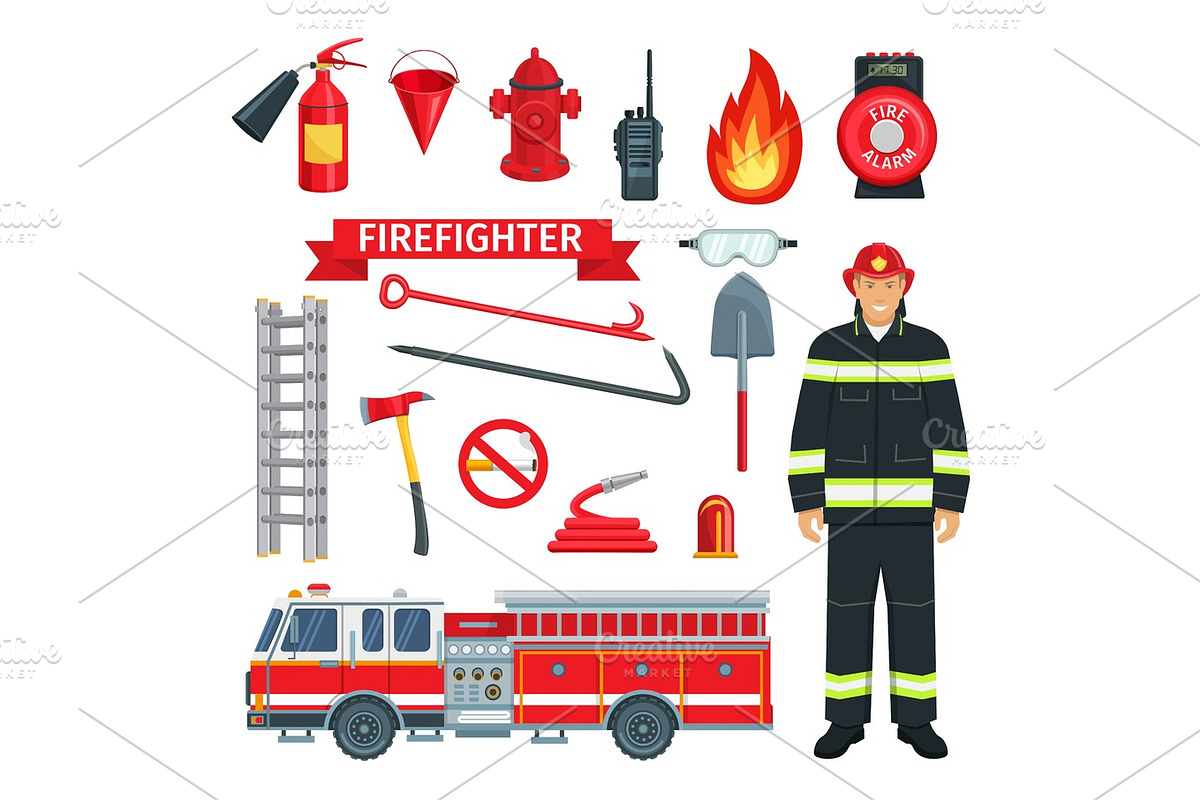 Profession of fireman or firefighter vector tools, an Illustration by ...
