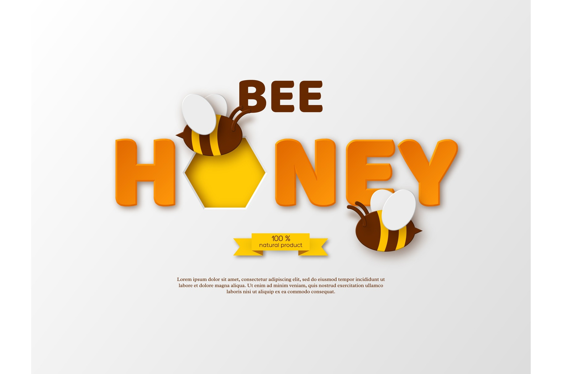 Bee honey typographic design. Paper cut style letters, comb and bee ...