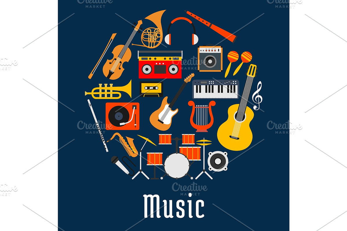 Music round symbol with musical instruments, an Illustration by Vector ...