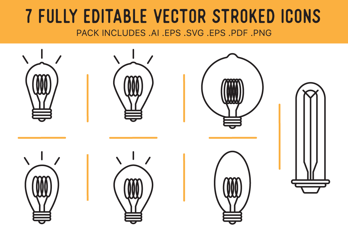 7 Editable Edison Light Bulb Icons, an Outline Icon by St Designer