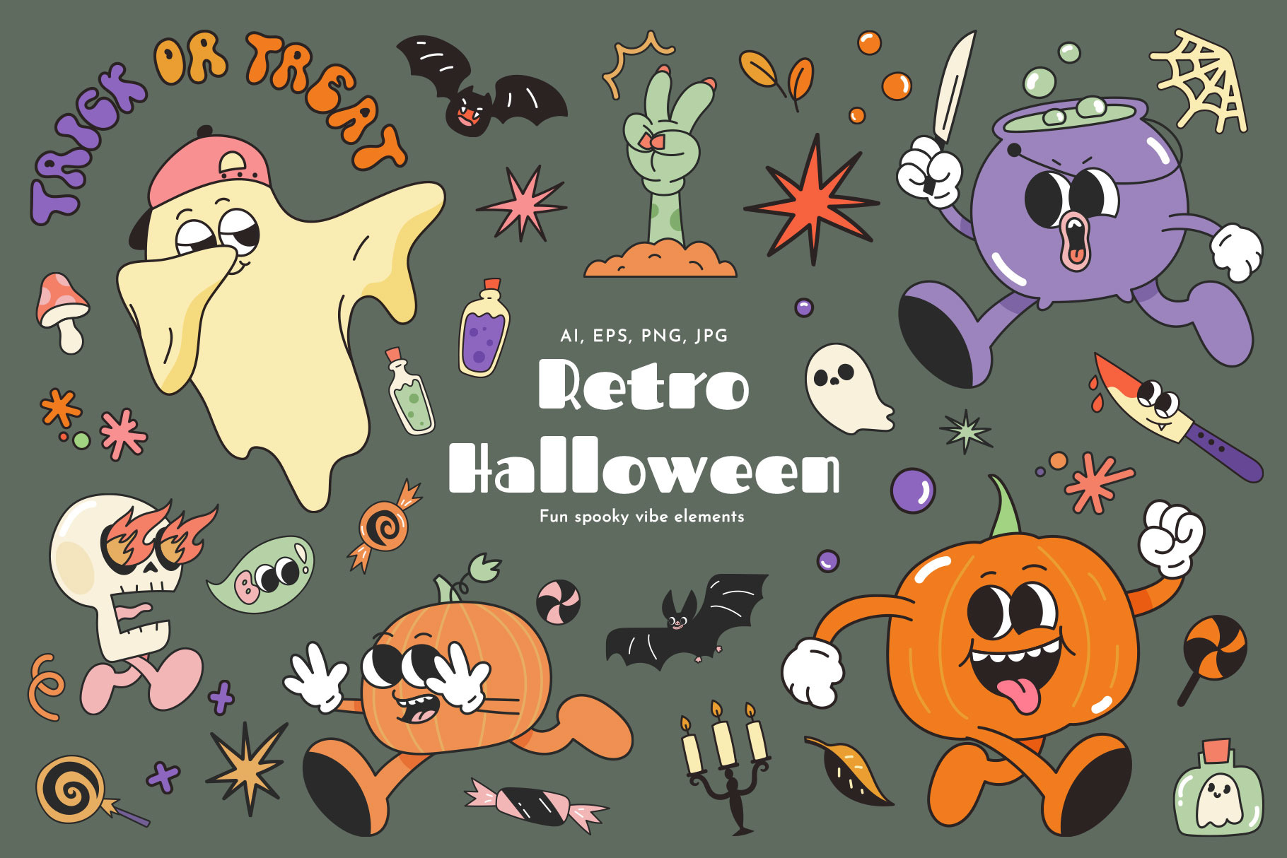 Retro Halloween character set | Creative Market