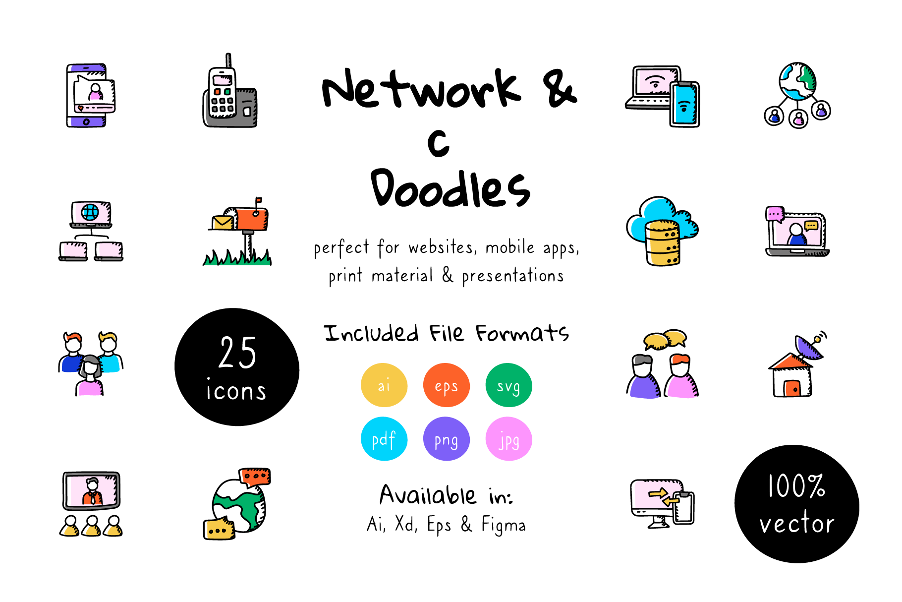 Network Technology Doodle Icons Pack | Creative Market