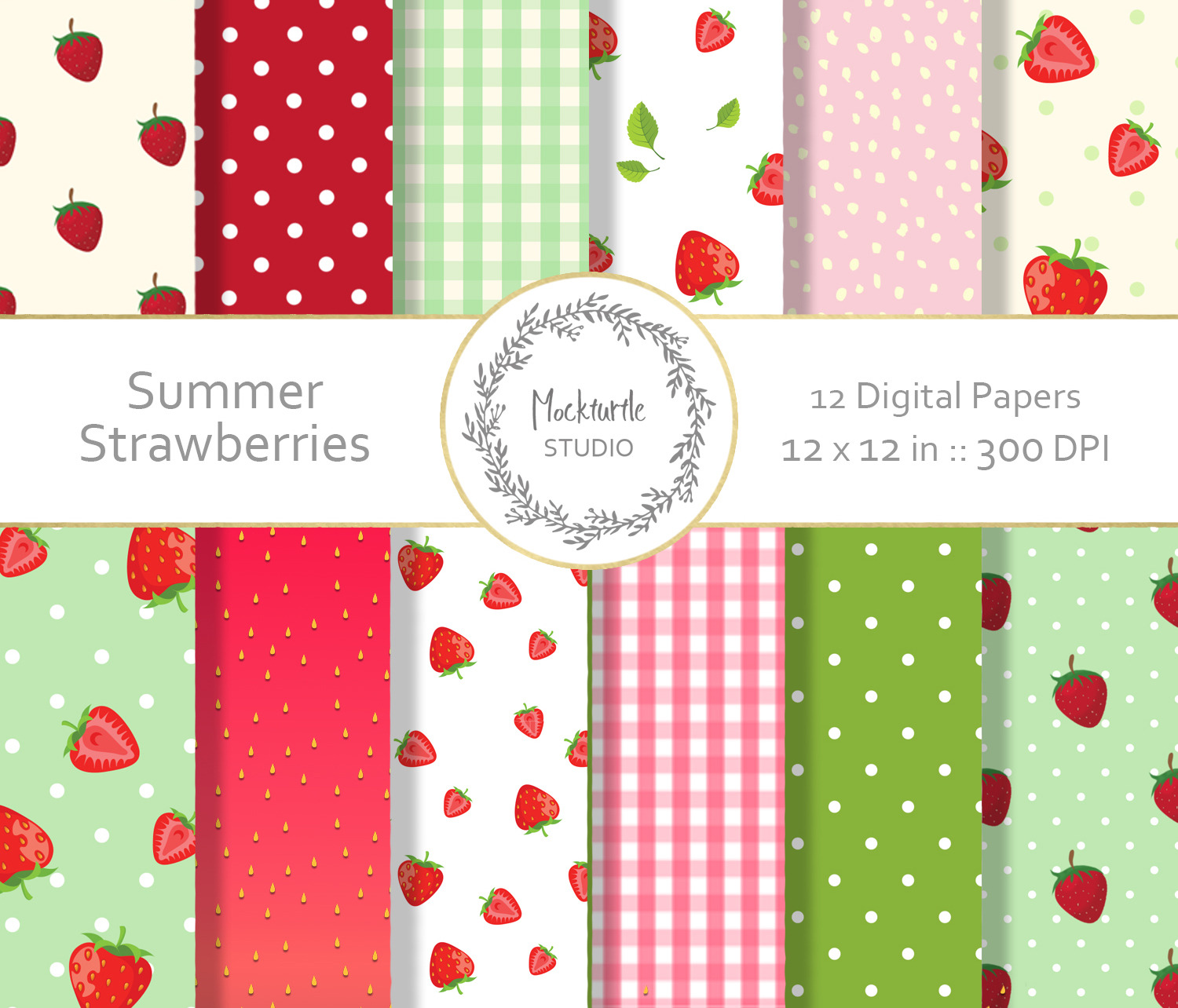 Strawberry digital paper, a Pattern Graphic by MockTurtleStudio