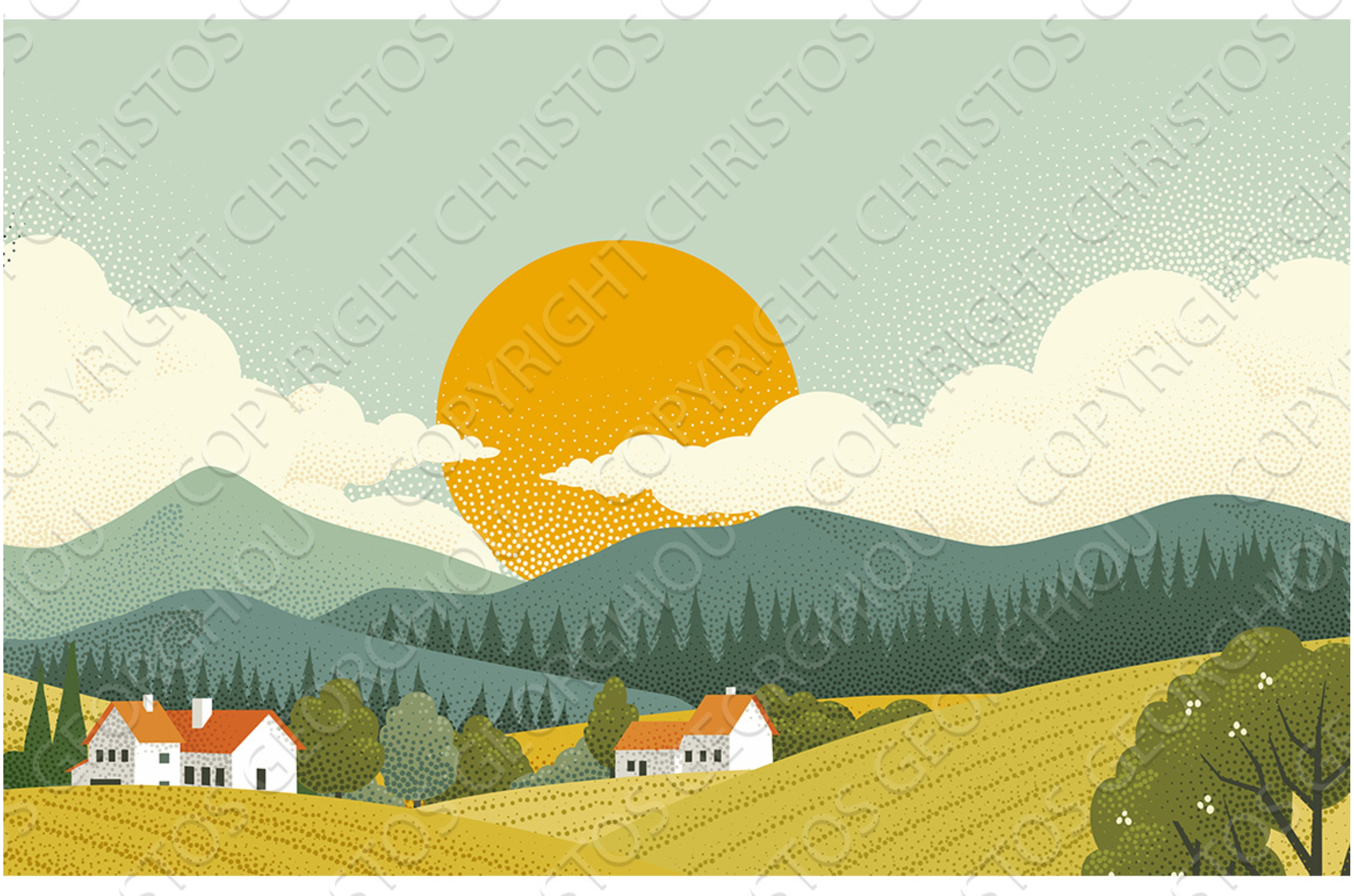 Fields Rolling Hills Farm Landscape, an Illustration by Christos Georghiou