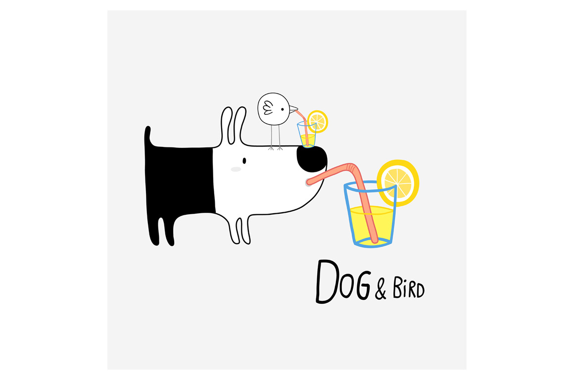 Dog & Bird drinking lemonade | Animal Illustrations ~ Creative Market
