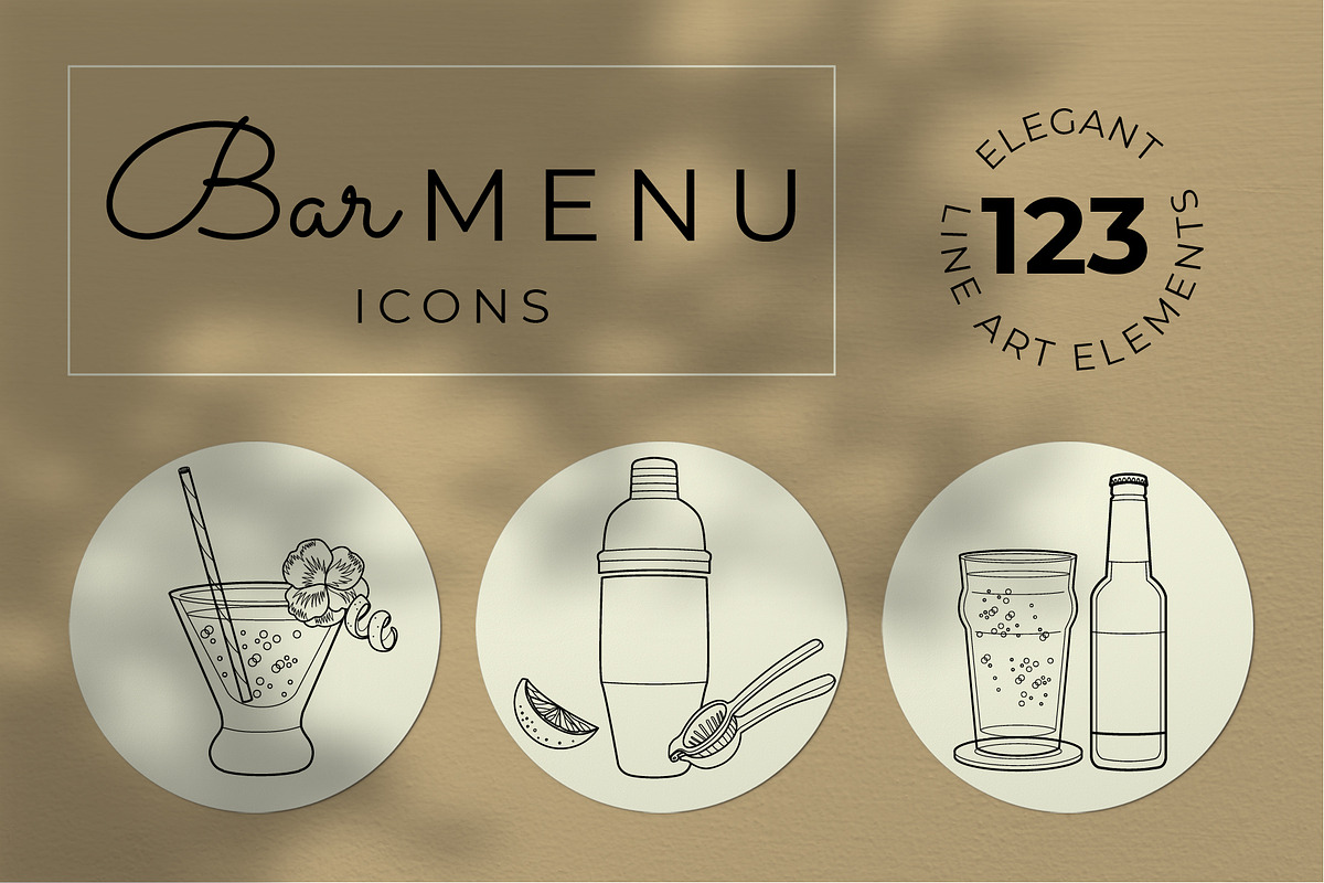 Elegant line art bar menu icons
