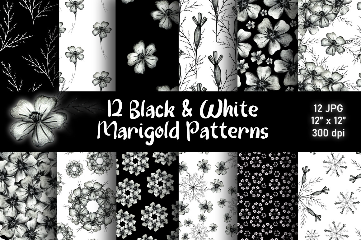 Black and White Flower Digital Paper.