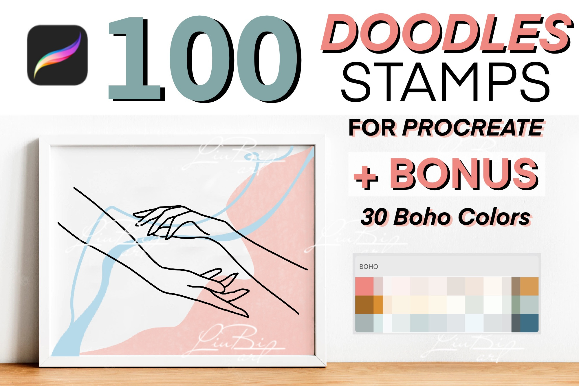 100 Doodles Stamps for Procreate, a Brush Add-On by LiuBi Art