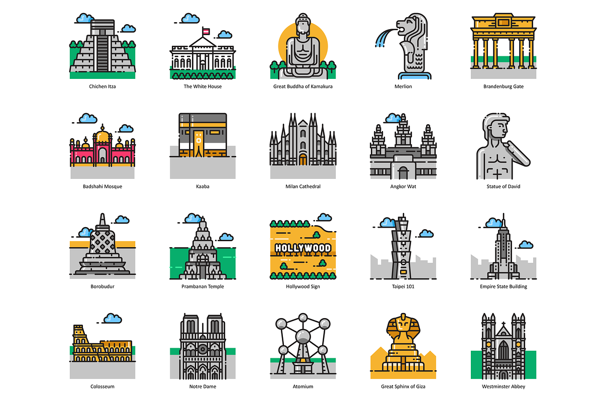 101 Landmark & Building Icons, an Icon by Flat Icons | Creative Market