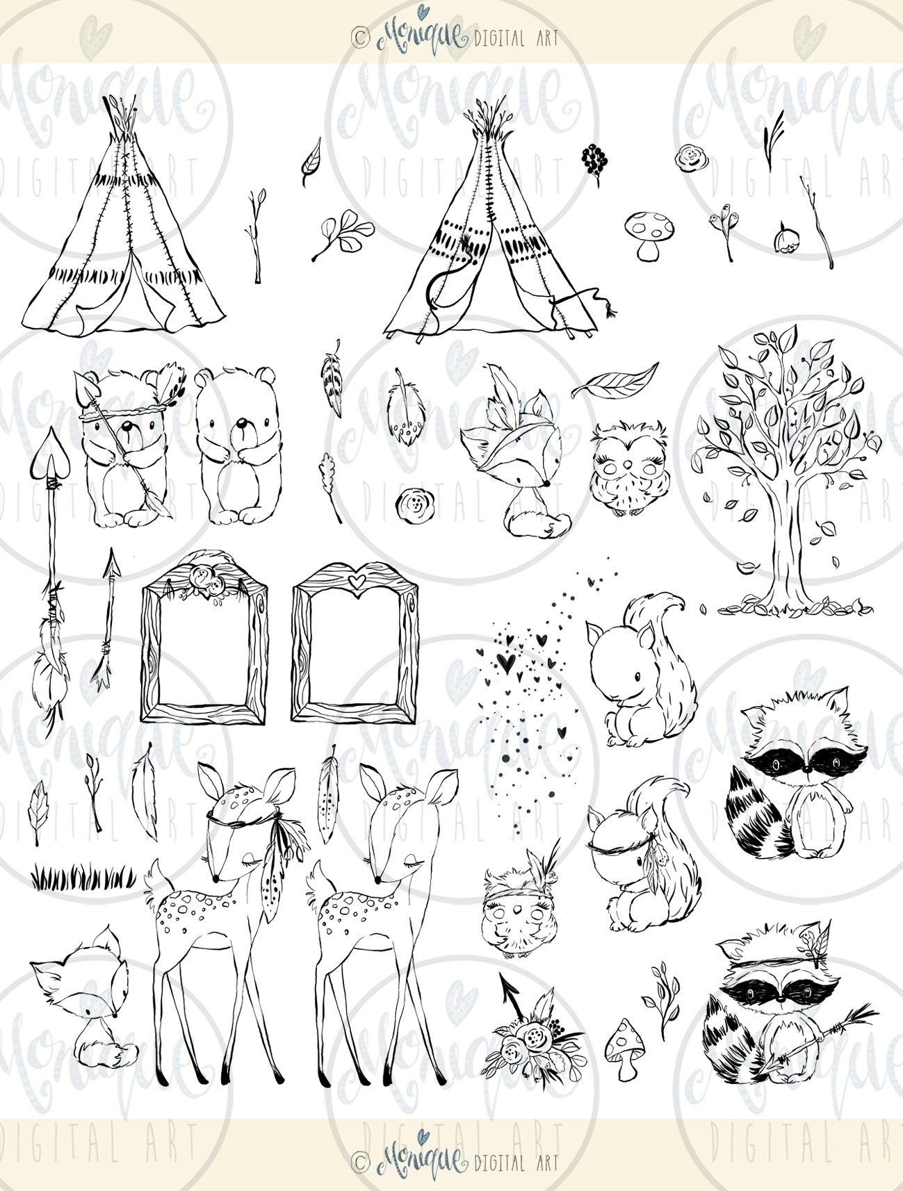 Black & White Woodland Clipart, an Animal Illustration by Monique ...