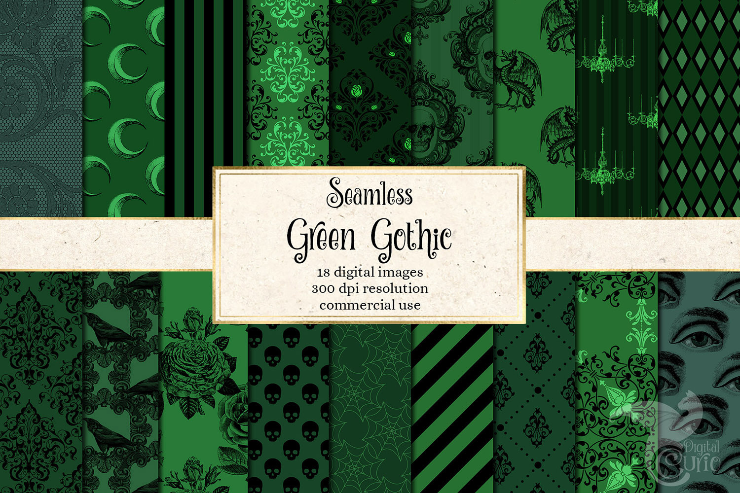 Green Gothic Digital Paper, a Pattern Graphic by Digital Curio