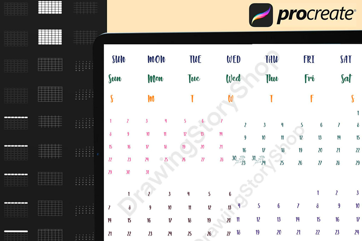 100 Procreate Calendar Stamp Brushes, a Brush Add-On by DrawingStoryShop