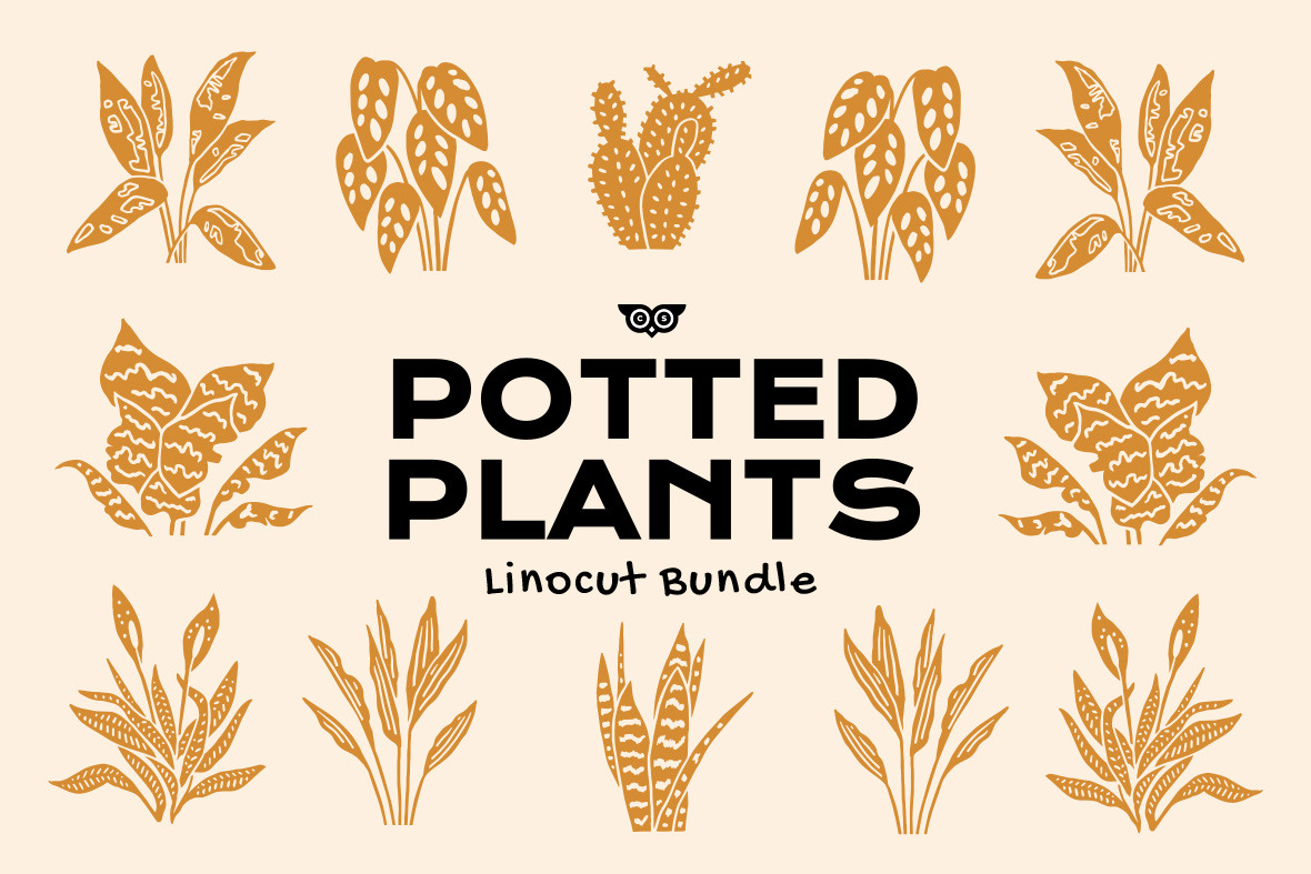 Potted Plants Linocut Bundle, an Illustration by ClayStudio