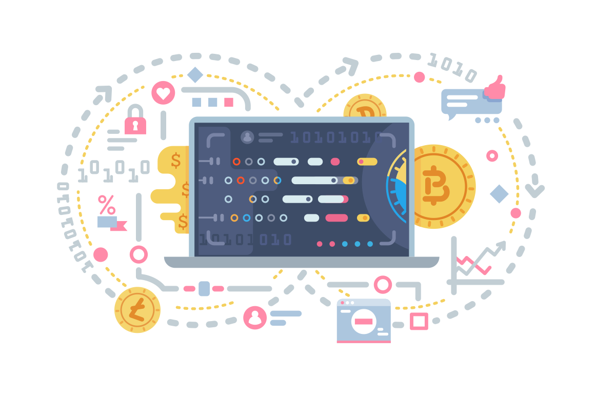 Crypto currency and block chain, a Finance Illustration by Kit8.net