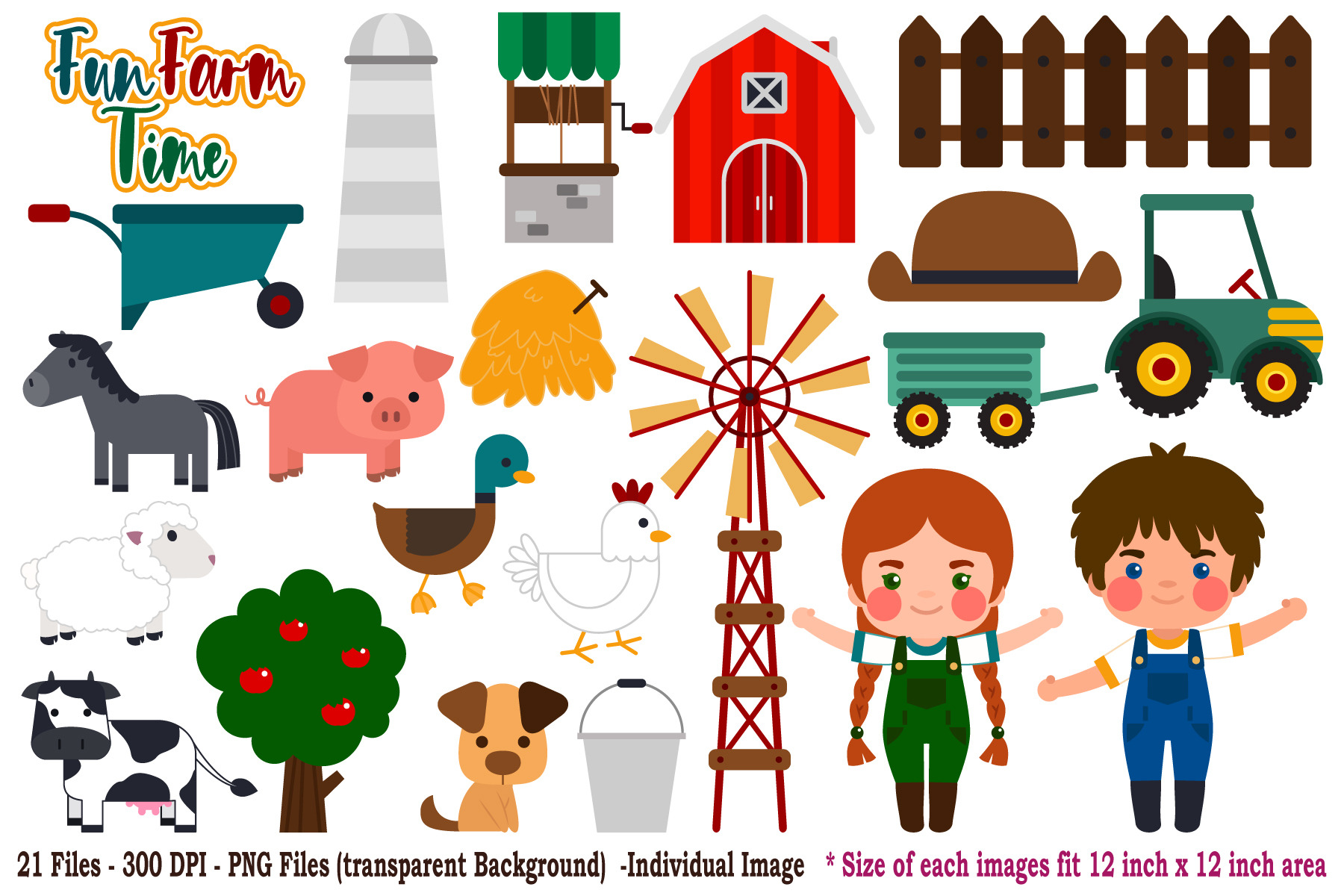 Fun Farm Time Digital Clipart, an Animal Illustration by Cozy Cat Design
