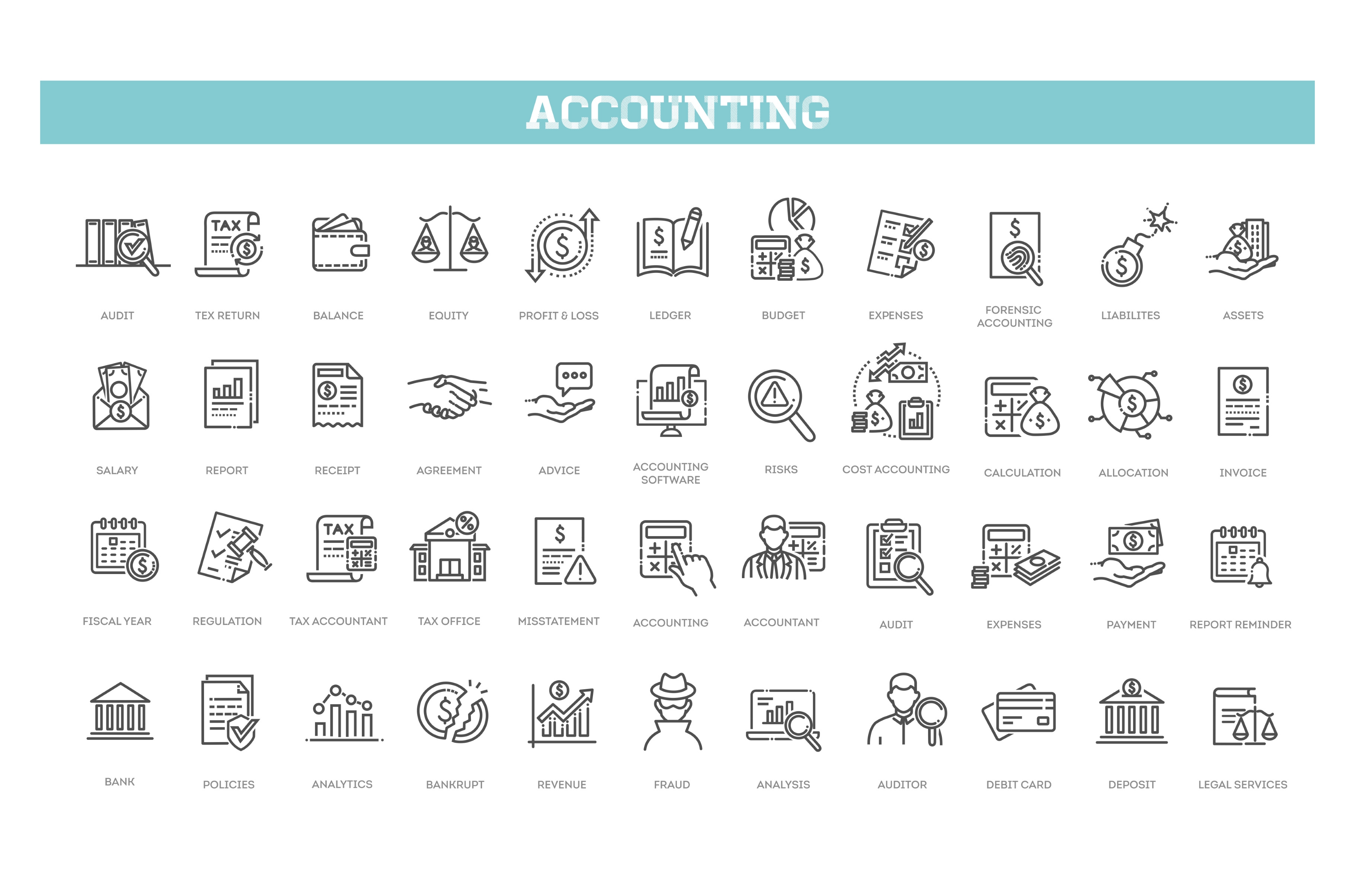 Accounting, audit, taxes icons set, an Outline Icon by Tettygreen