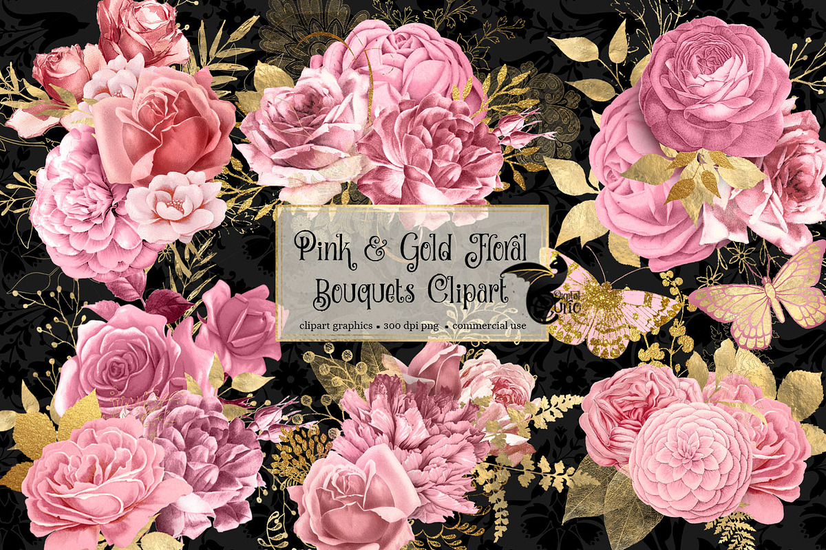 Pink and Gold Floral Clipart, an Illustration by Digital Curio