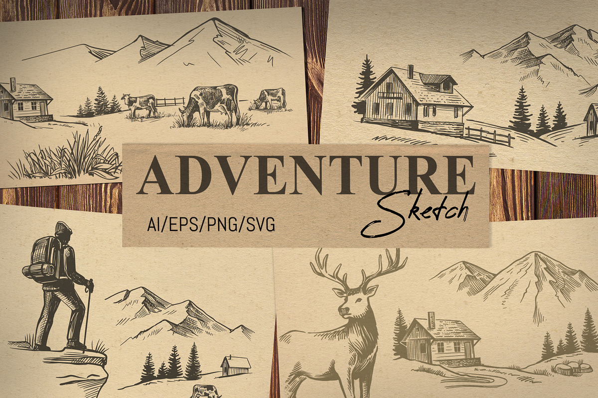 Adventure sketch vector set., an Animal Illustration by bioraven