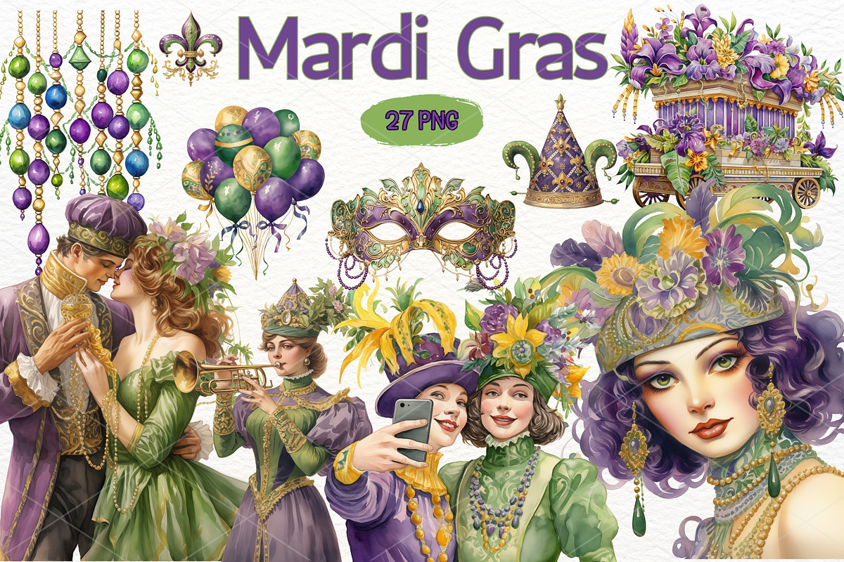 Mardi Gras Watercolor Clipart Bundle, a Seasonal Illustration by Maysa Art