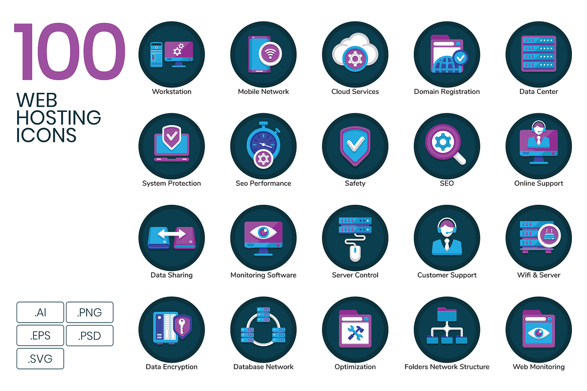 100 Web Hosting Flat Icons, an Outline Icon by Flat Icons