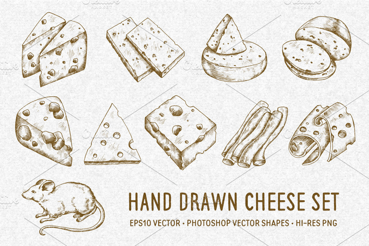 Hand Drawn Cheese Set, a Food Illustration by Chelovector