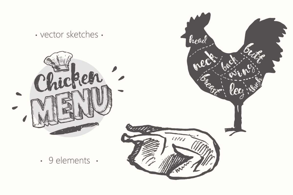 Design elements for a chicken menu, an Animal Illustration by ...