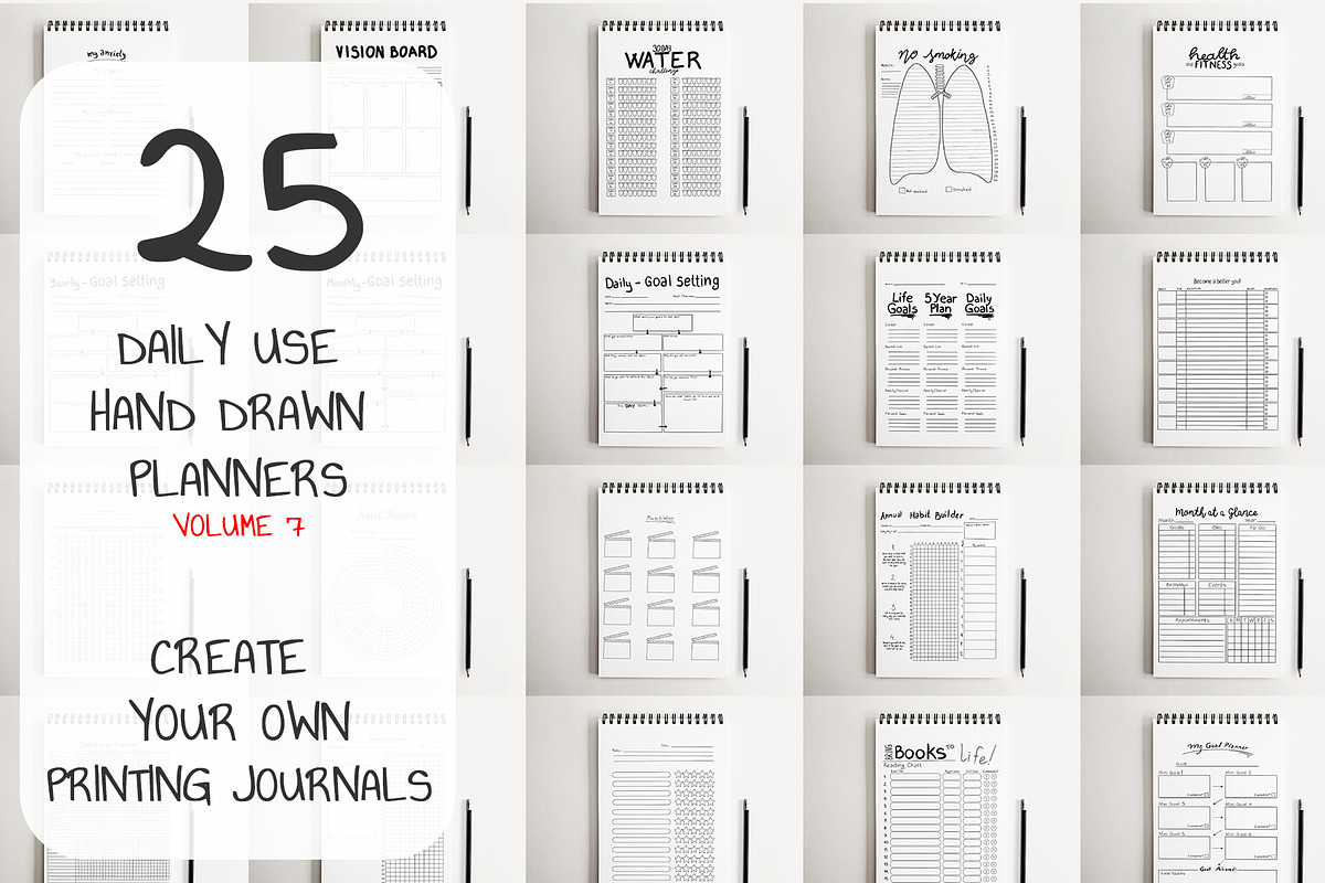 25 Daily Hand Drawn Planners, a Templates & Theme by Character