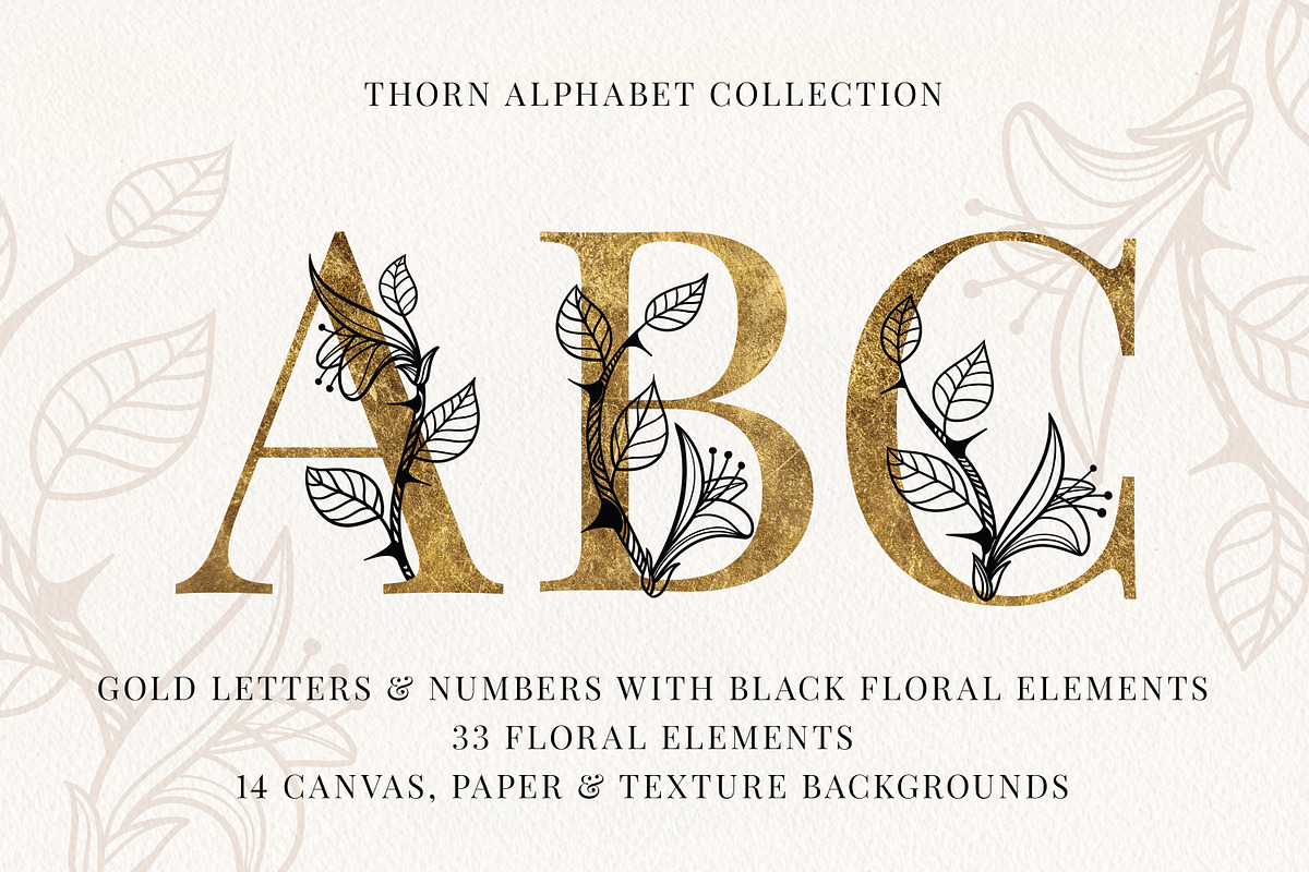 THORN Floral Gold Alphabet, a Decorative Illustration by Olga Begak Art ...