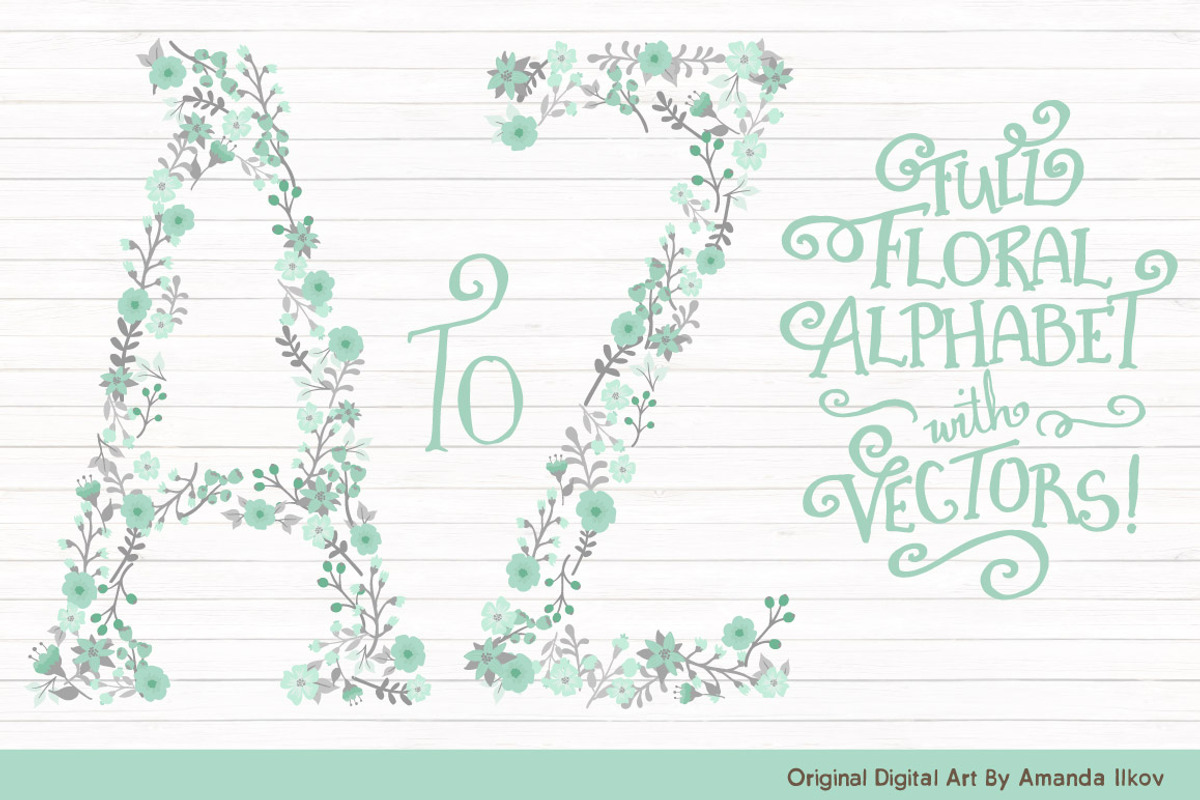 Mint & Grey Floral Alphabet Vectors, an Illustration by Amanda Ilkov