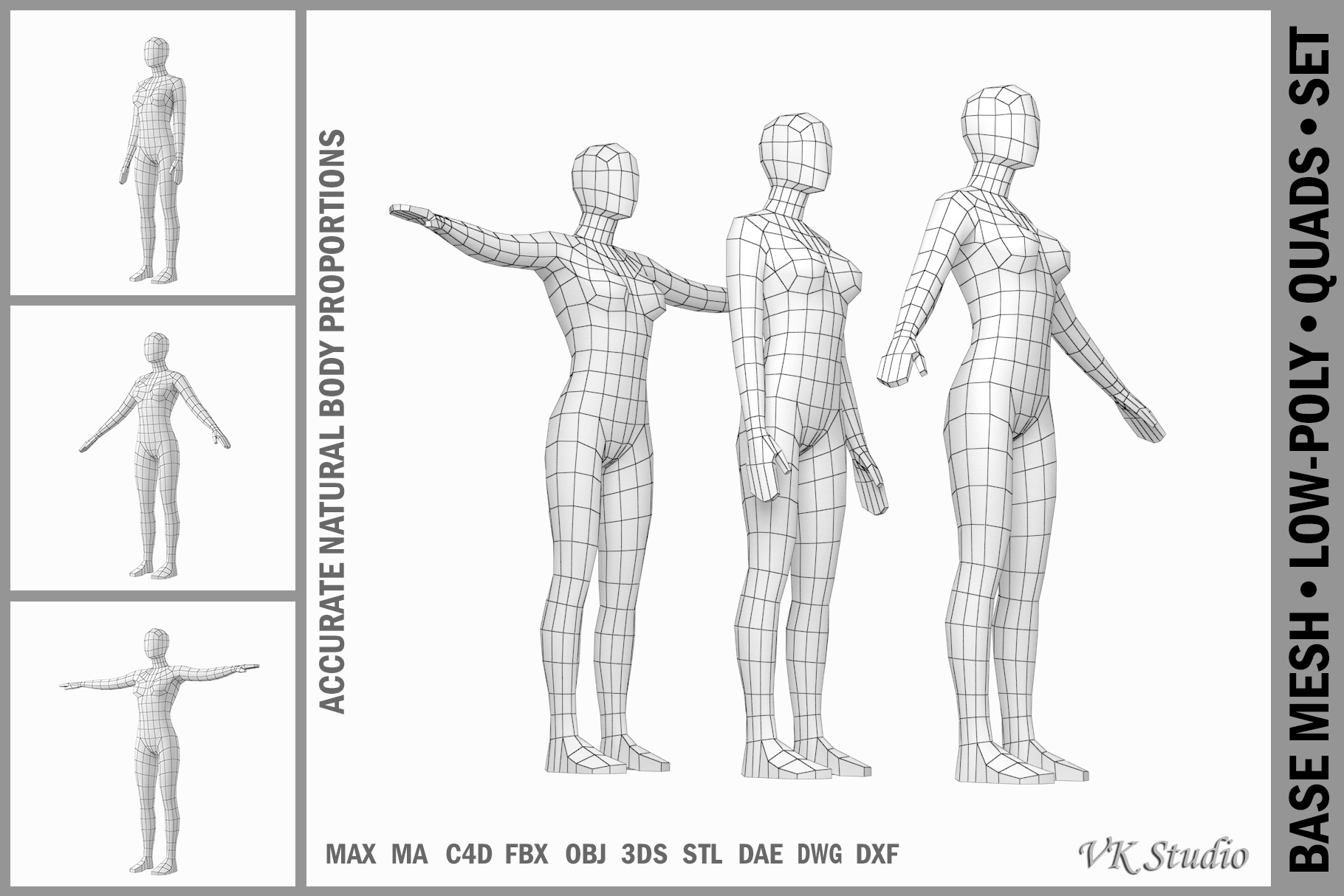 Female Base Mesh In 3 Modeling Poses, a 3D by VK Studio