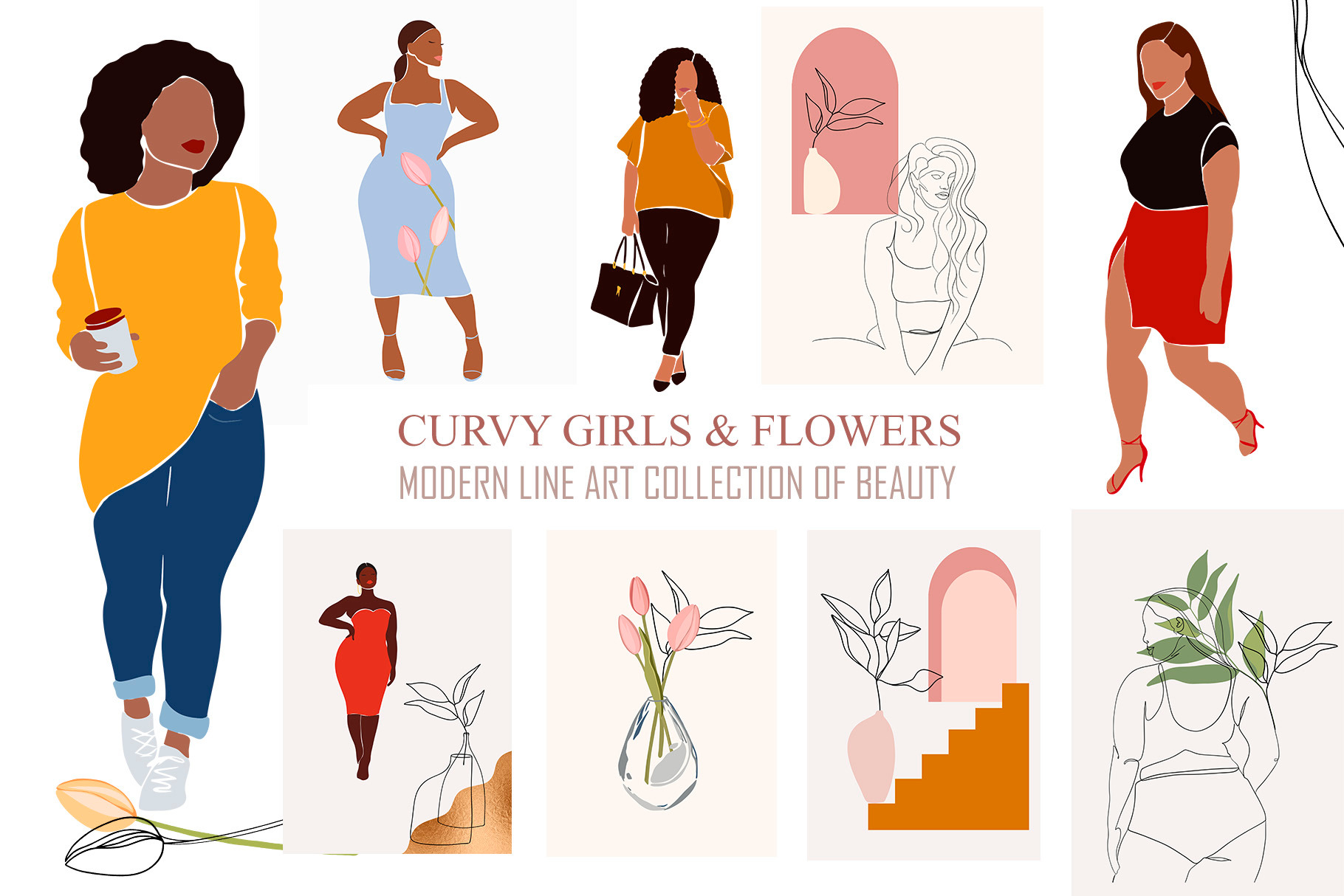 CURVY GIRLS & FLOWERS LINE ART, an Illustration by ArtOLB