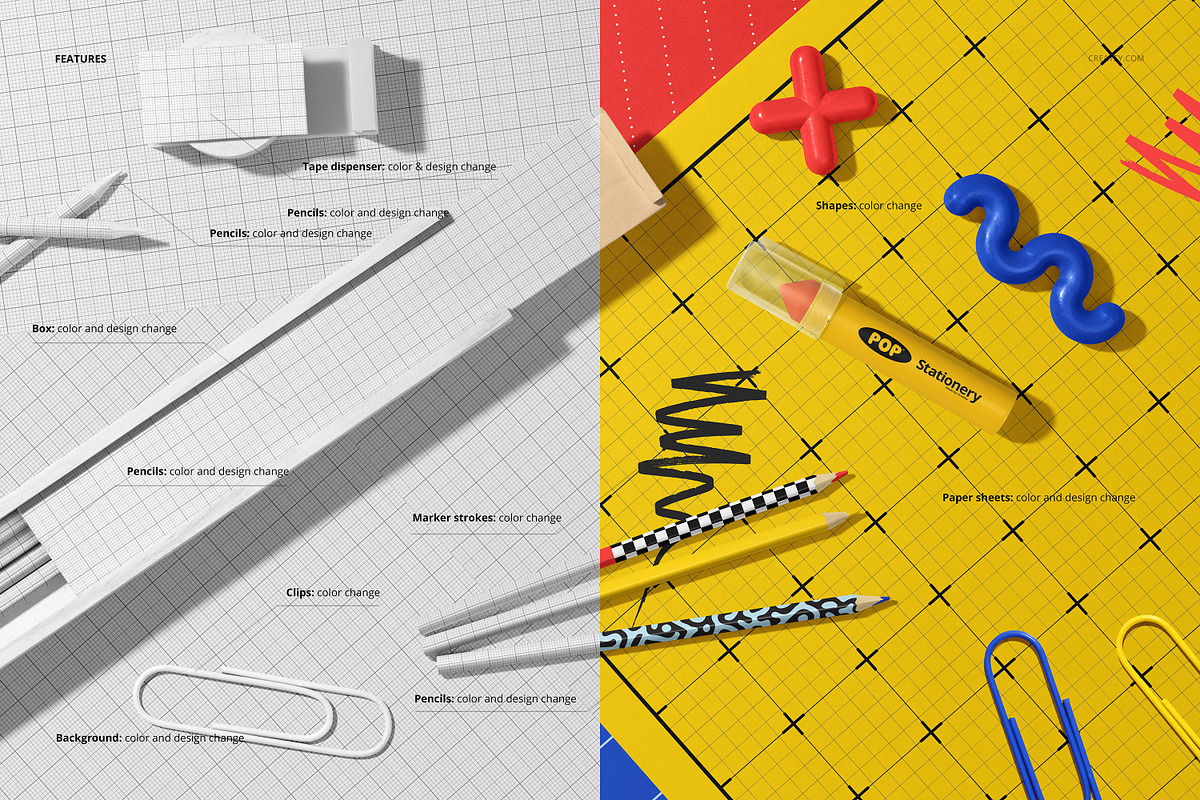 Pencil Box and Paper Sheets Mockup, a Merchandise Mockup by creatsy5