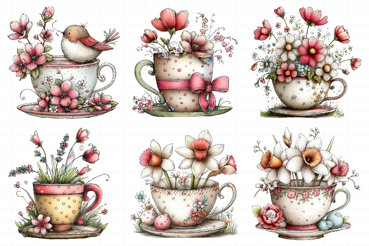 Whimsical Spring Tea Cup Clipart, an Illustration by Daily.Designs
