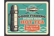 Fishing club retro card with badge of fish and rod, an Illustration by ...