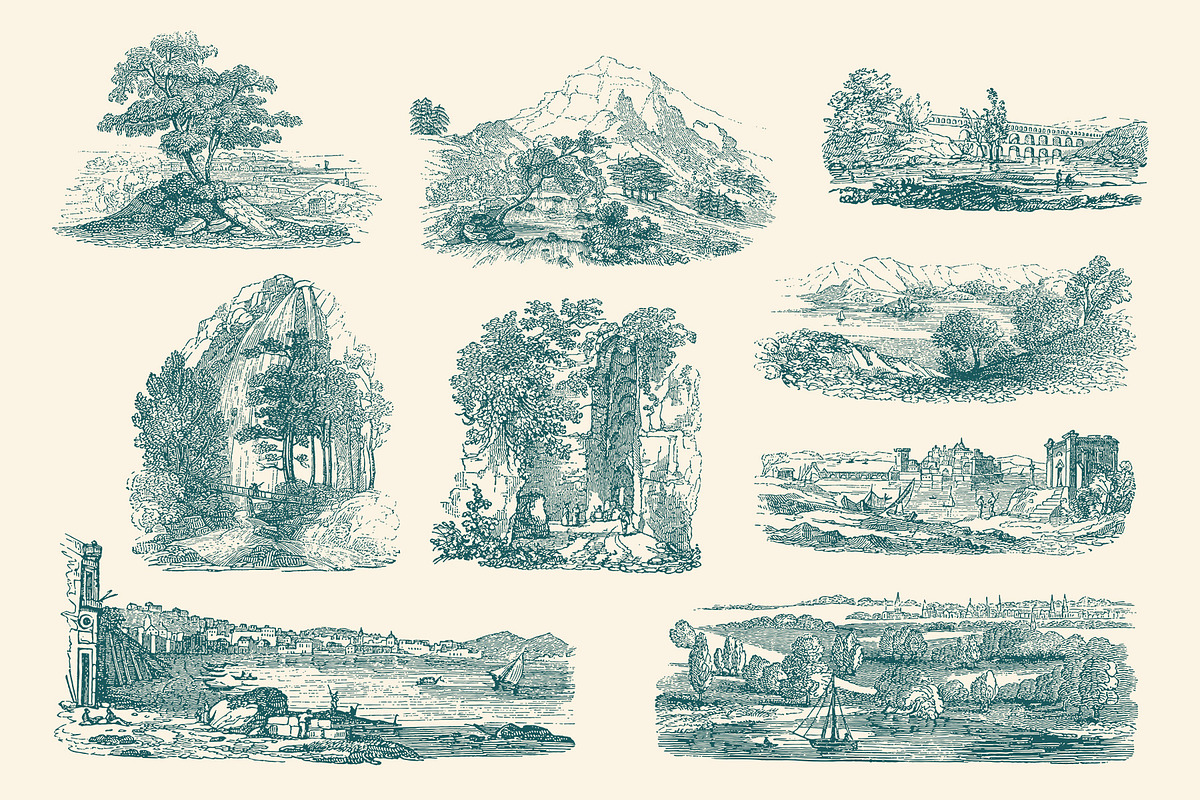 Vintage Landscape Illustrations, an Illustration by Graphic Goods