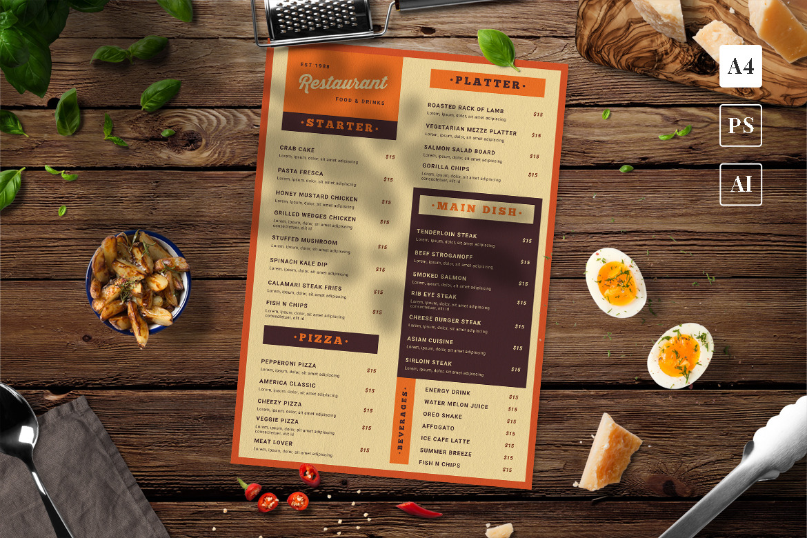 Retro Food Menu, a Print Template by The Savory Directors