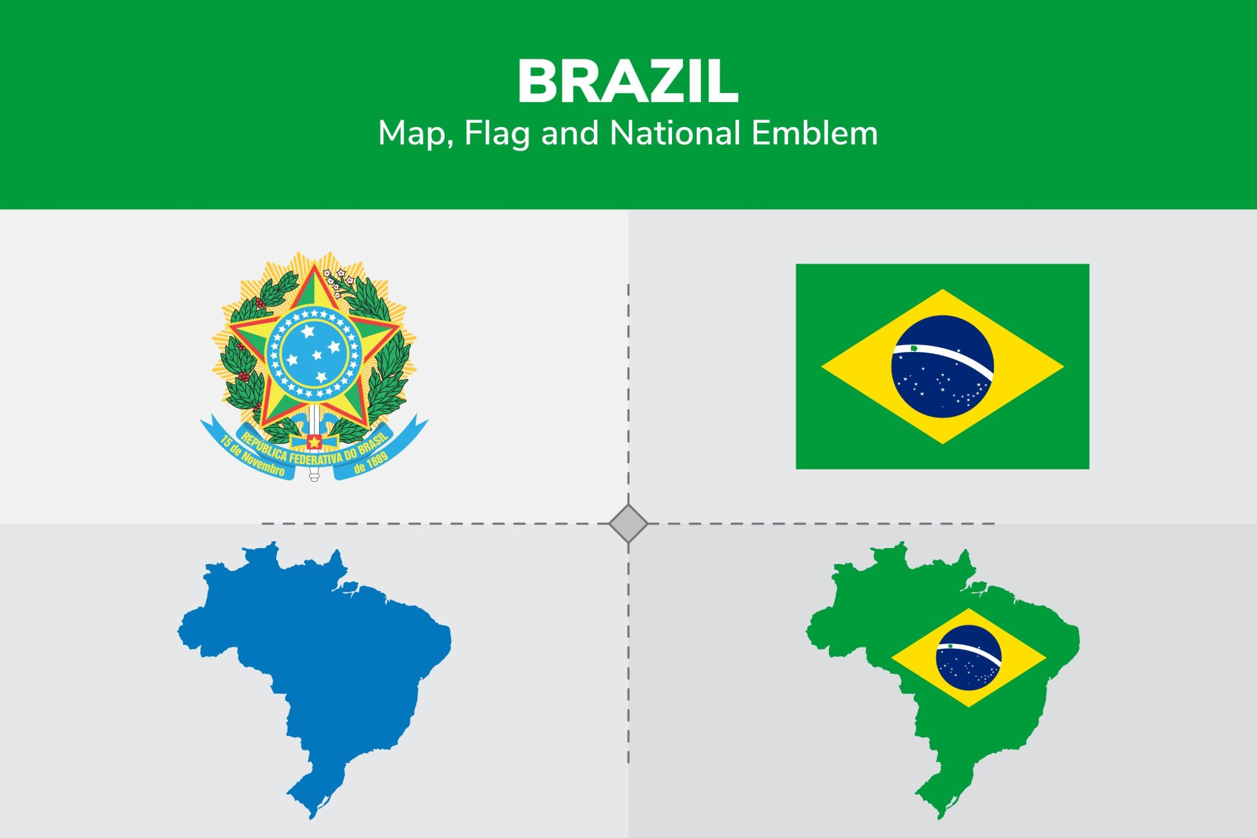 Brazil Map, Flag and National Emblem, an Object Illustration by shahsoft
