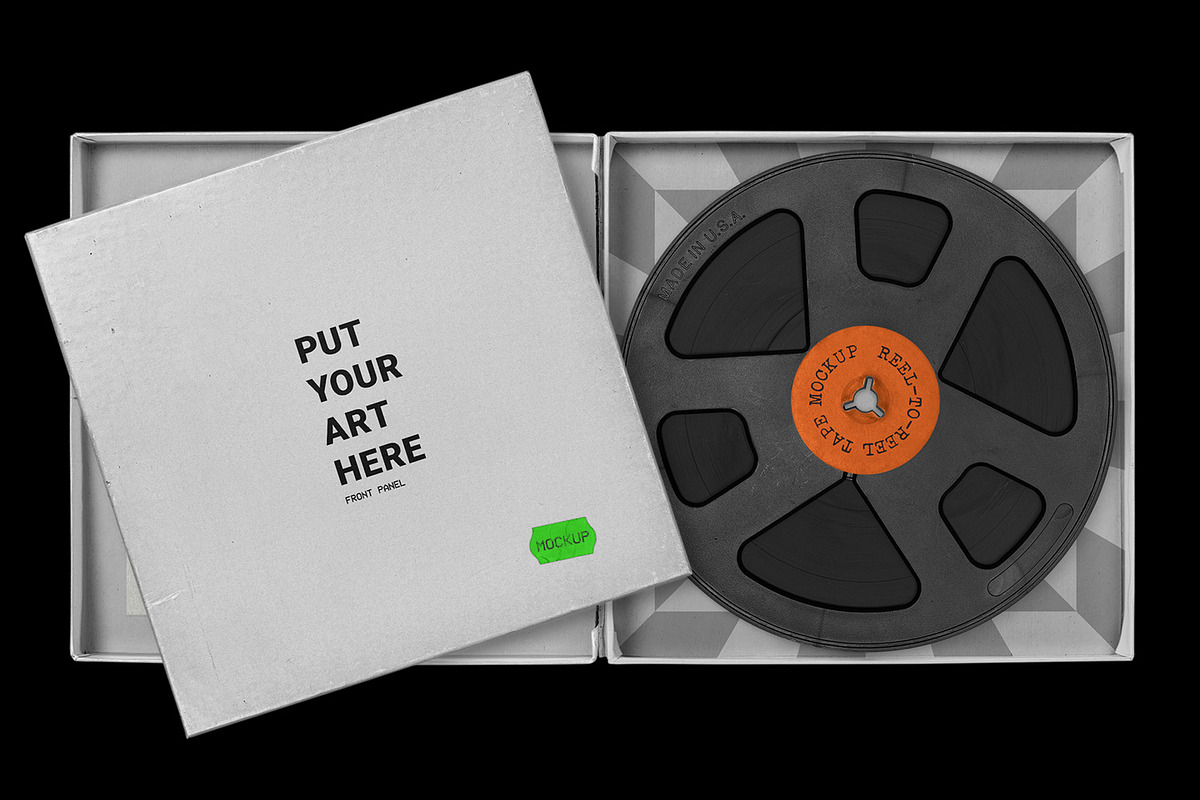 Vintage Reel Tape Box Mockup Kit, a Packaging Mockup by FLYERWRK