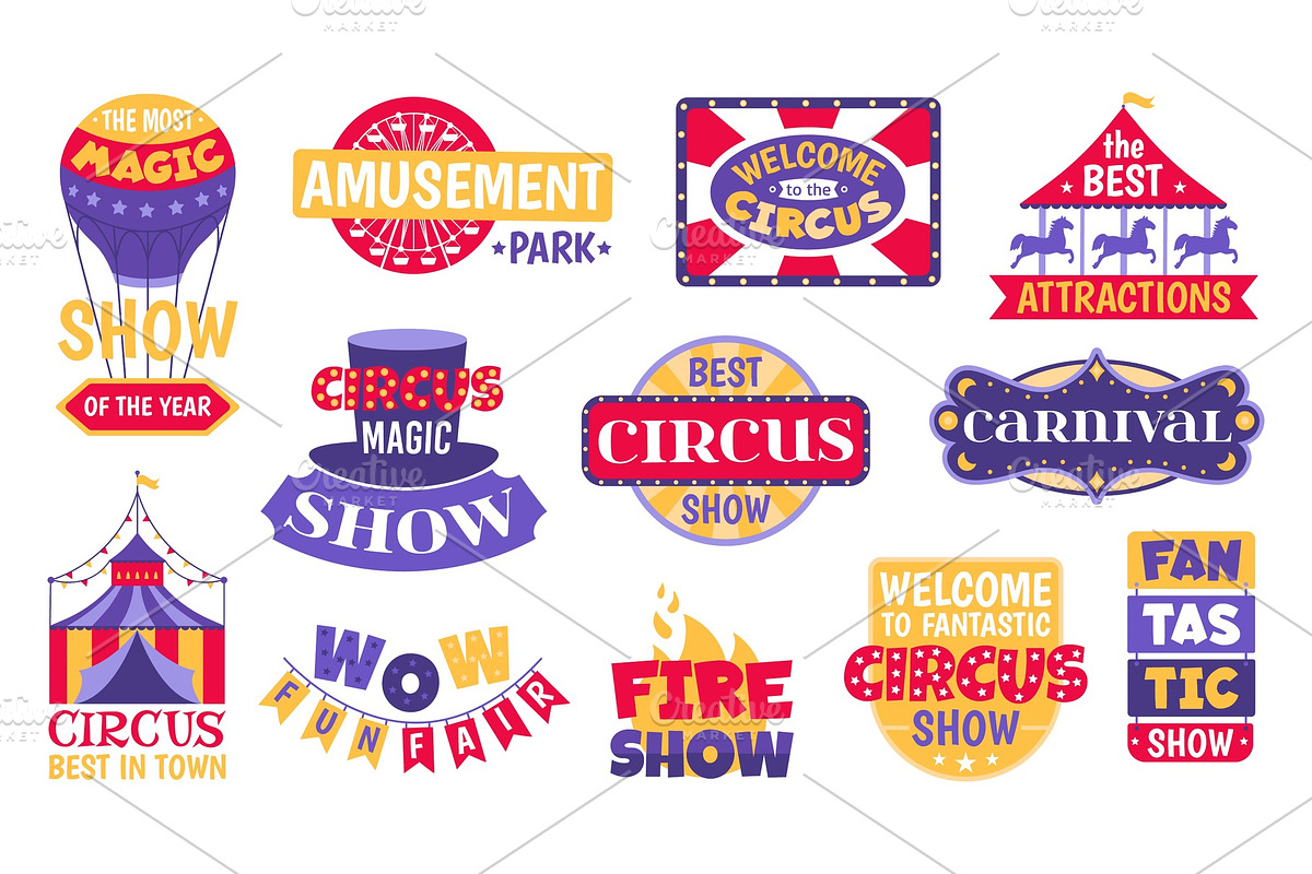 Set of circus vintage labels, a Decorative Illustration by KitVector ...