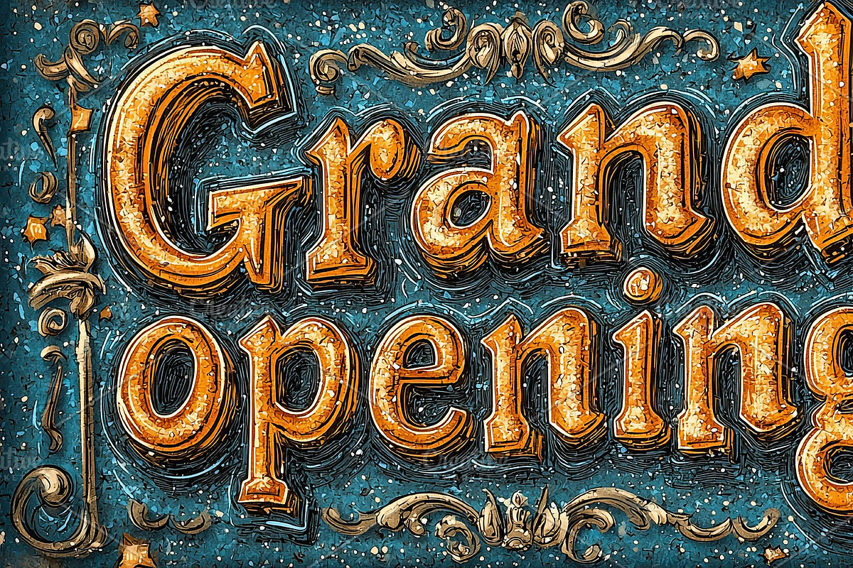 Festive grand opening sign with ornate lettering design, an ...