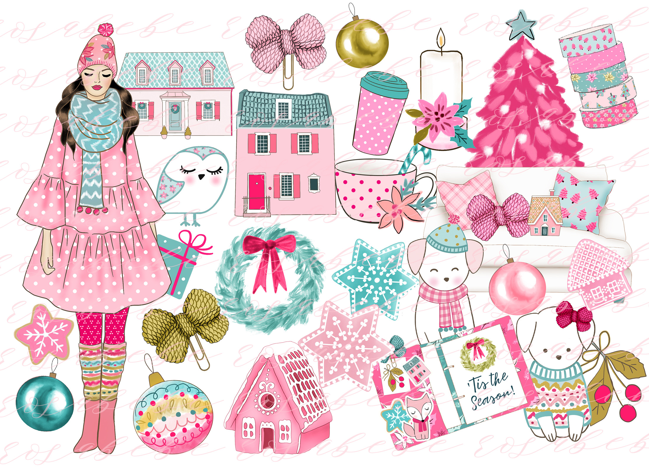 Pink Christmas clipart set, an Illustration by Rosabebe