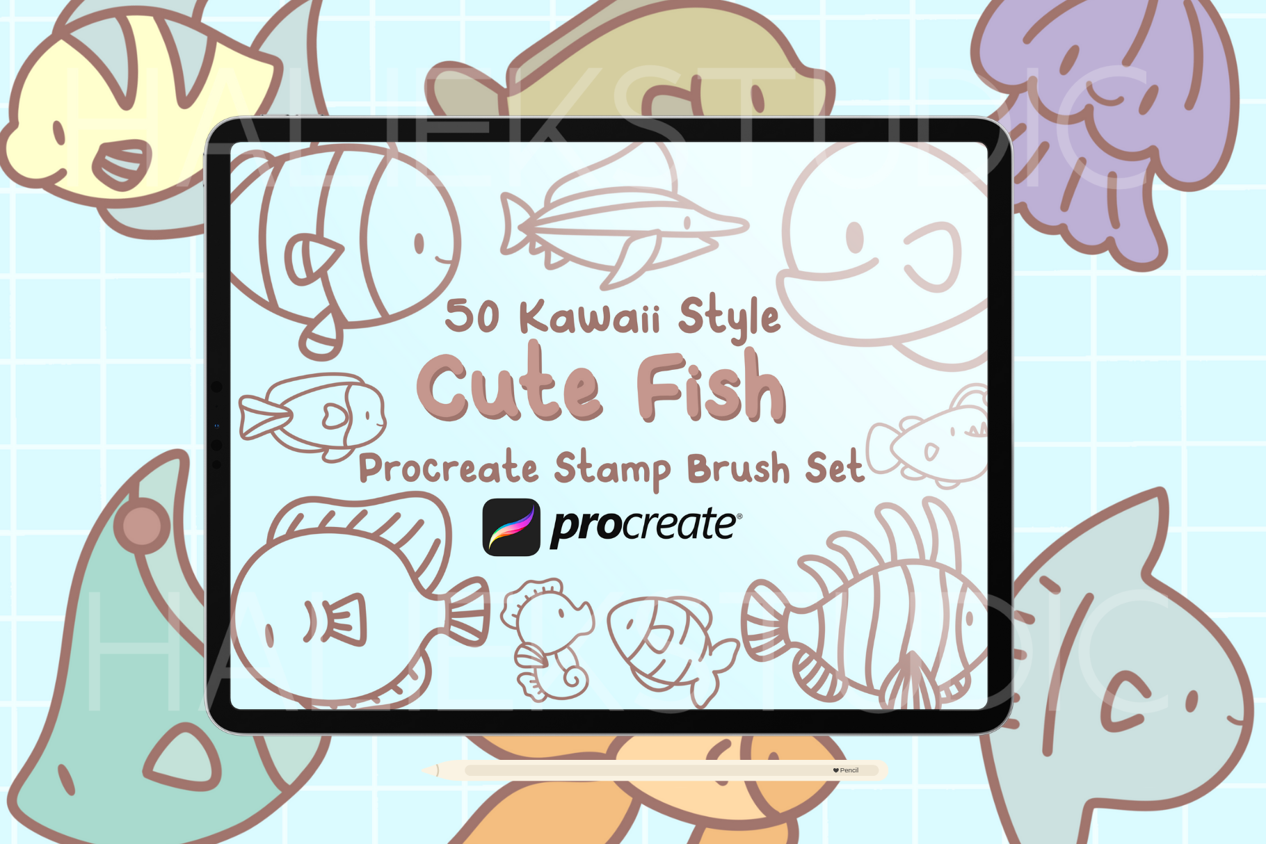 Cute Fish Procreate Stamp Brushes, a Brush Add-On by HalieKStudio