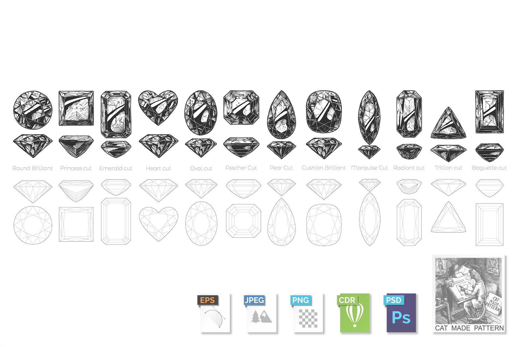 Diamond cuts and shapes, an Illustration by CatMadePattern