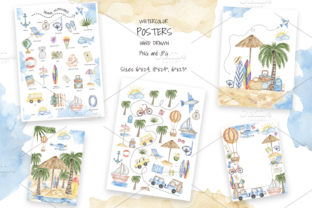 Watercolor Travel Collection, a Transportation Illustration by MayaNavits