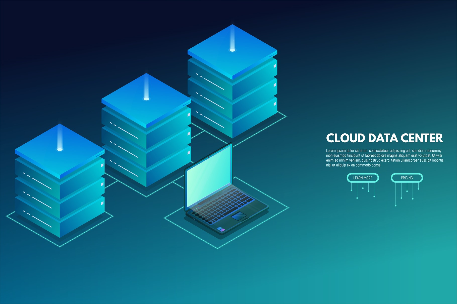 Data center isometric banner with laptop and servers, a Technology ...